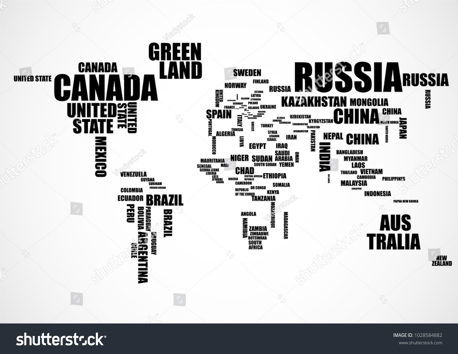 Typography World Map Country Names Vector: เวกเตอร์สต็อก (ปลอดค่า ...