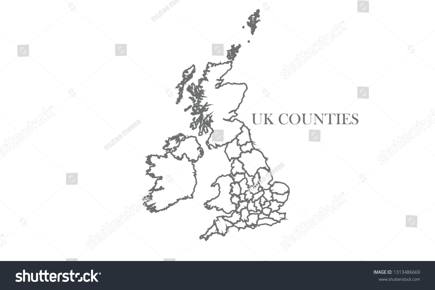 Uk Counties Gray Line Map: vector de stock (libre de regalías) 1313486669