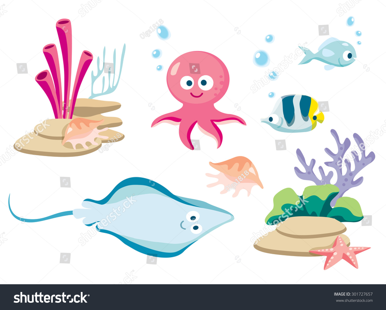 Underwater Cartoon Creatures Stock Vector (Royalty Free) 301727657 ...