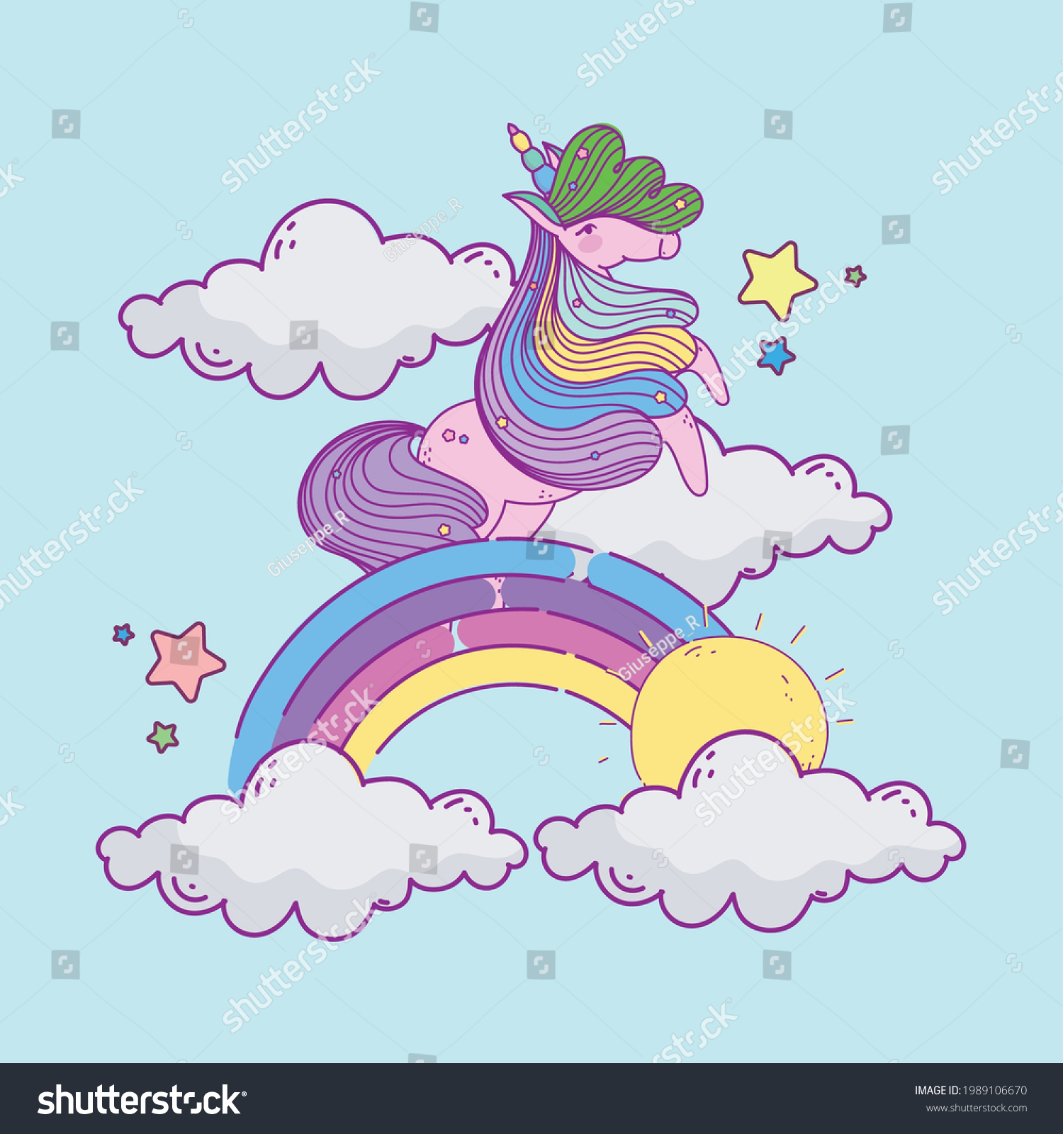 Unicorn On Rainbow Clouds Stock Vector (Royalty Free) 1989106670 ...