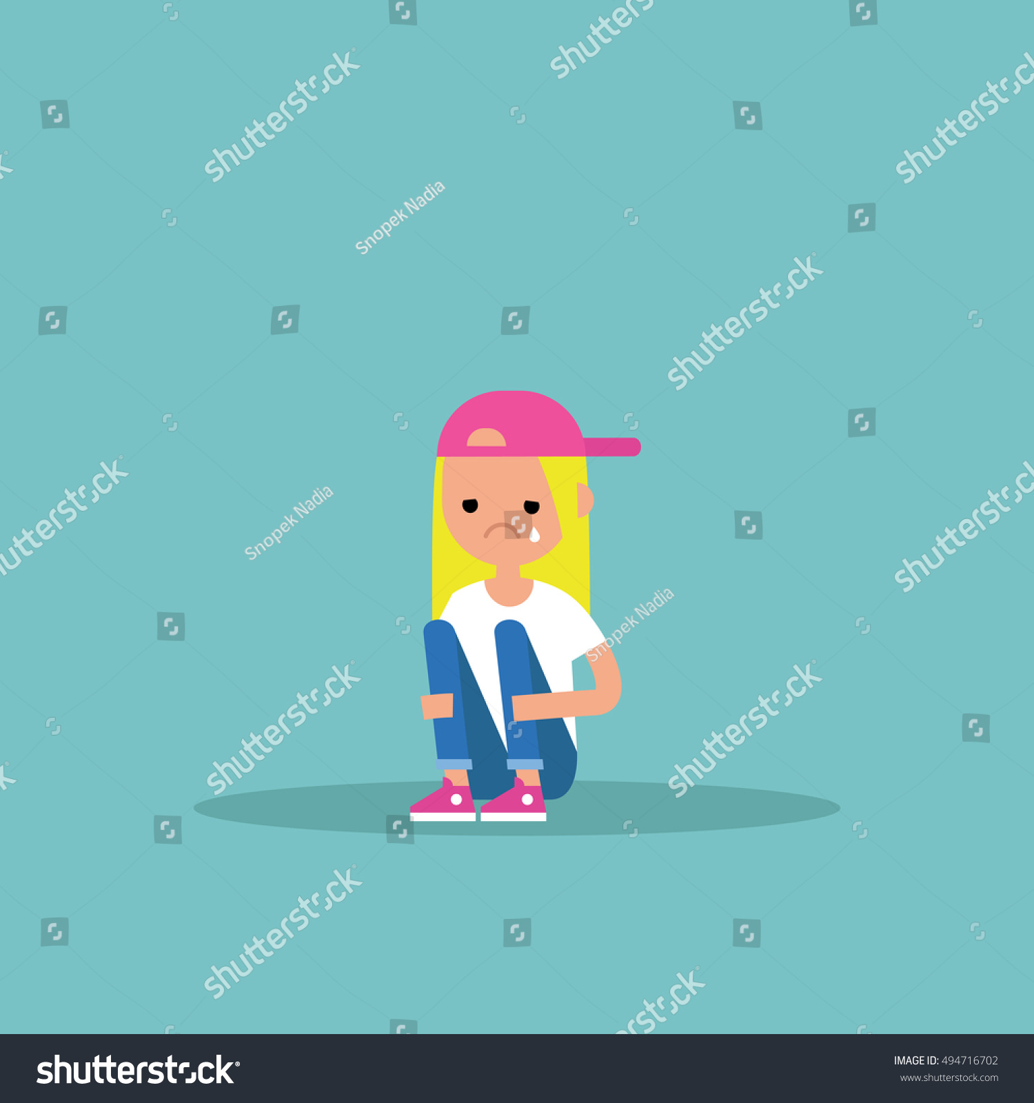 Upset Crying Girl Sitting Hugging Her Stock Vector Royalty Free