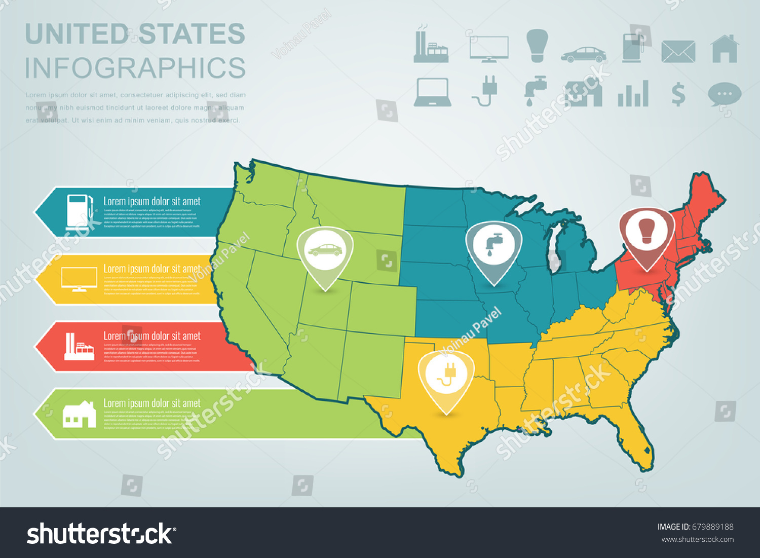 Vektor Stok Usa Map Infographic Elements Infographics Layouts (Tanpa ...