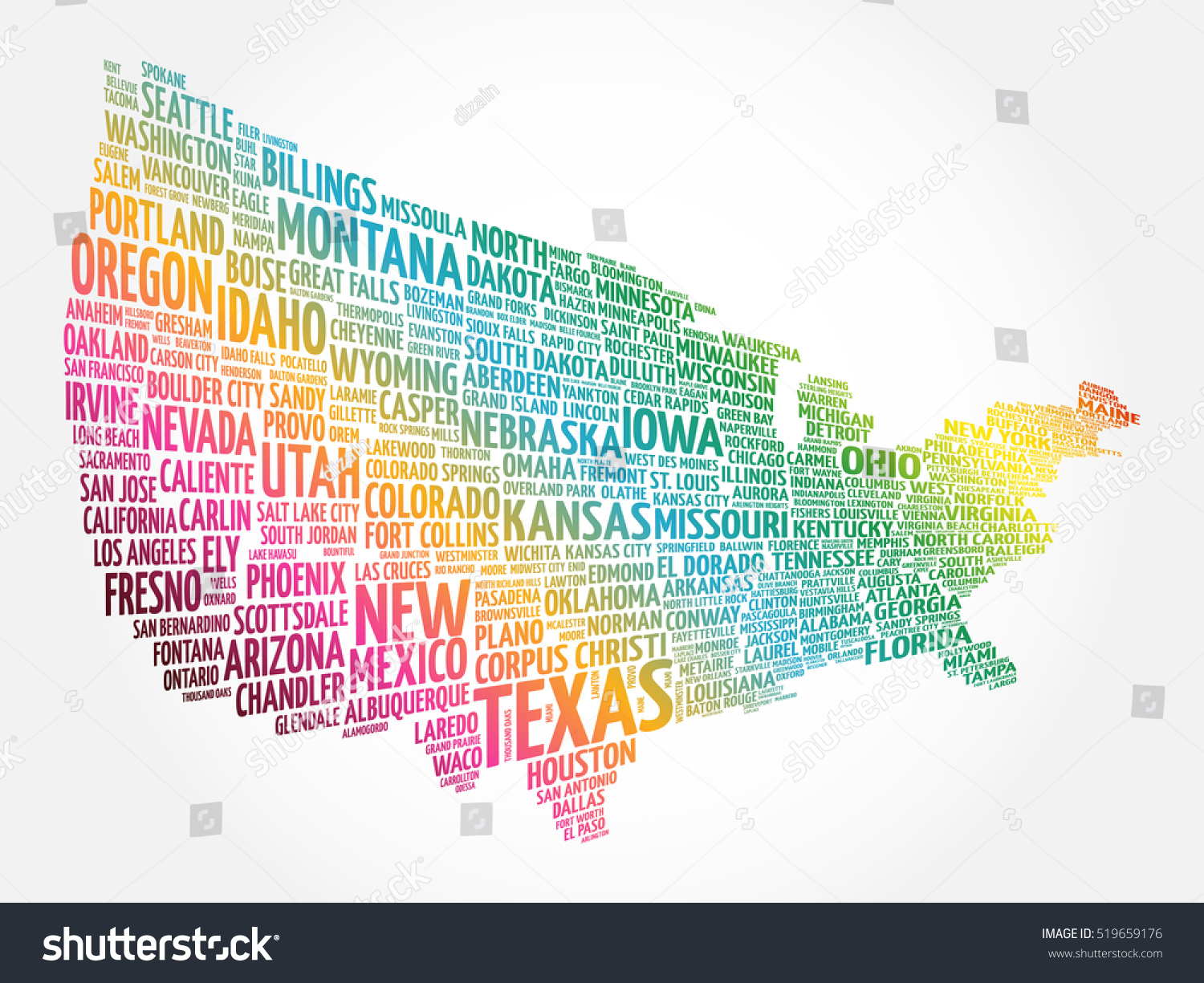 Usa Map Word Cloud Collage Most Stock Vector (Royalty Free) 519659176 ...