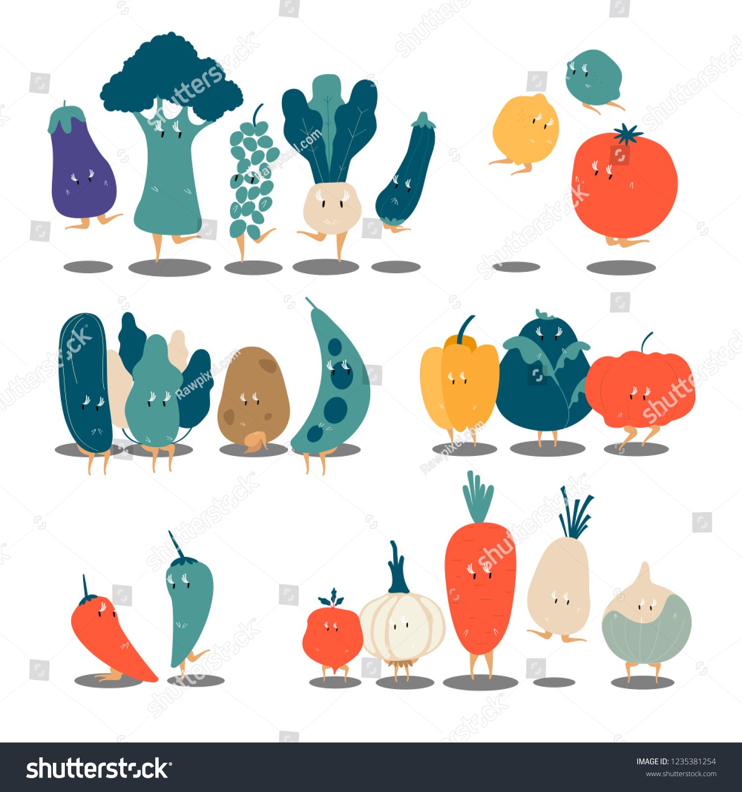 Various Organic Vegetable Cartoon Characters Vector Stock Vector ...