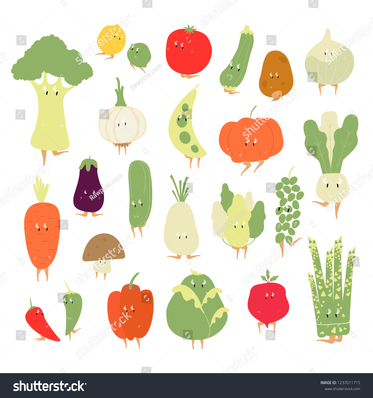 Various Organic Vegetable Cartoon Characters Vector Stock Vector ...