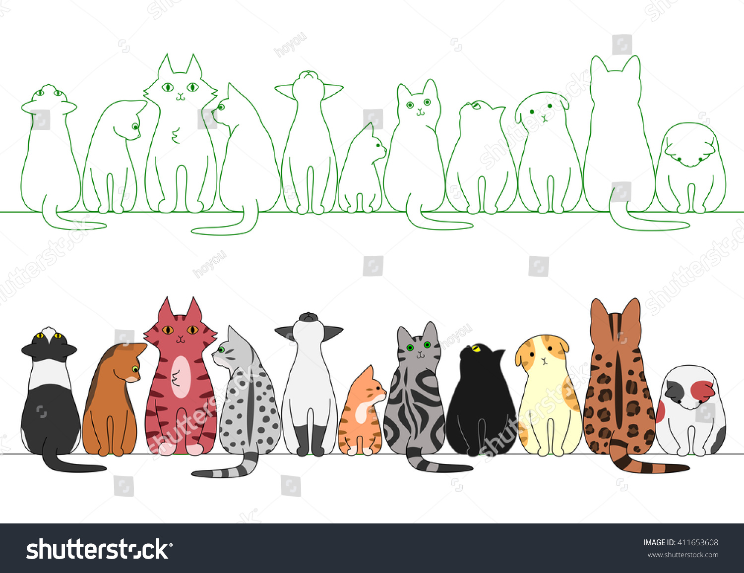 Various Posing Cats Row Stock Vector (Royalty Free) 411653608