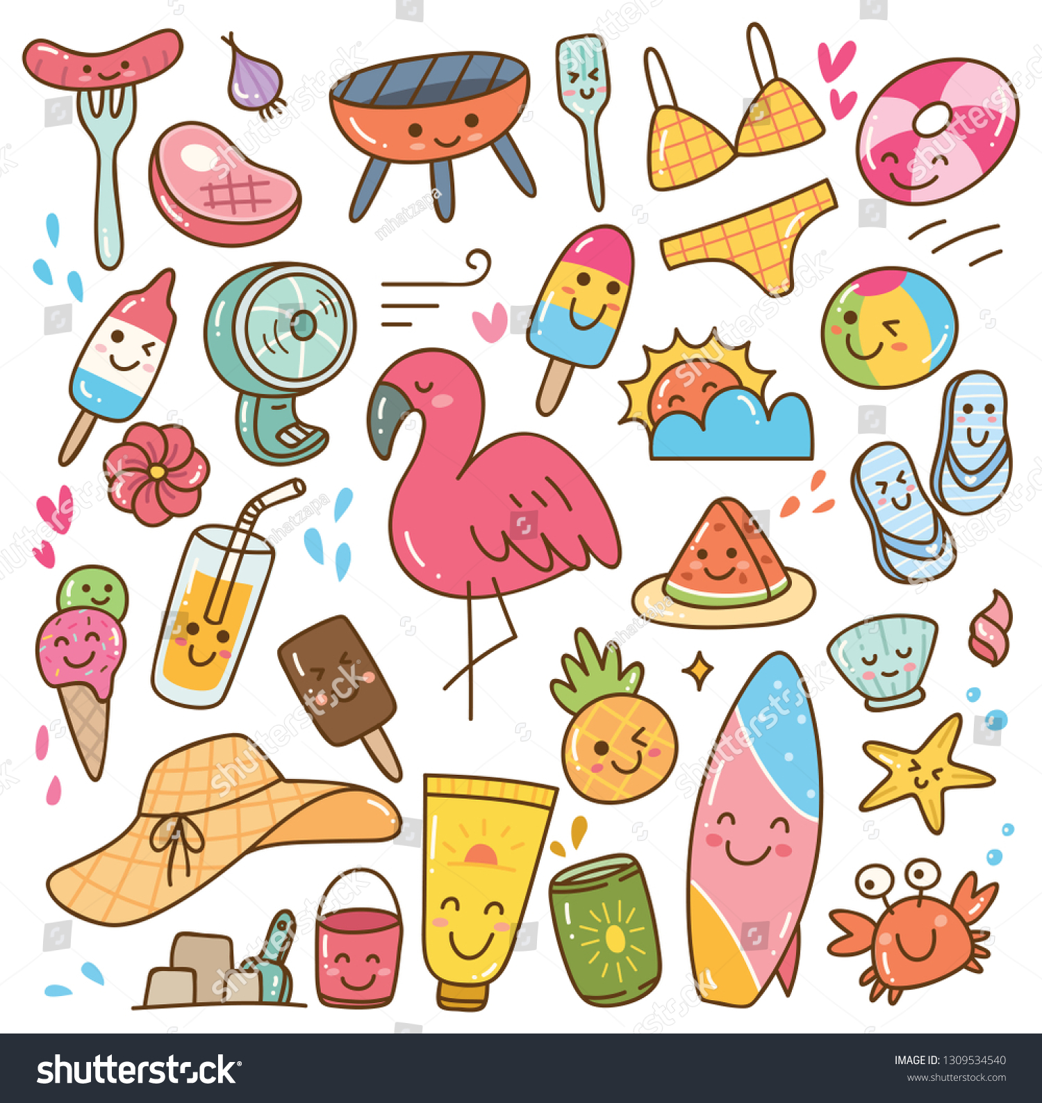 Various Summer Kawaii Doodle Set Stock Vector (Royalty Free) 1309534540 ...