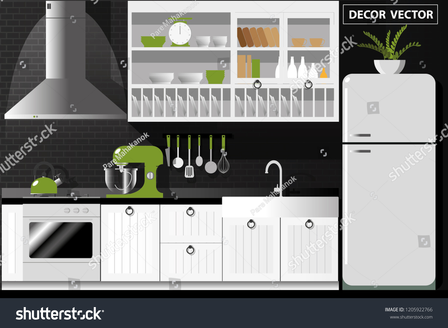 Vector Black Brick Wall Kitchen Interior Stock Vector (Royalty Free ...