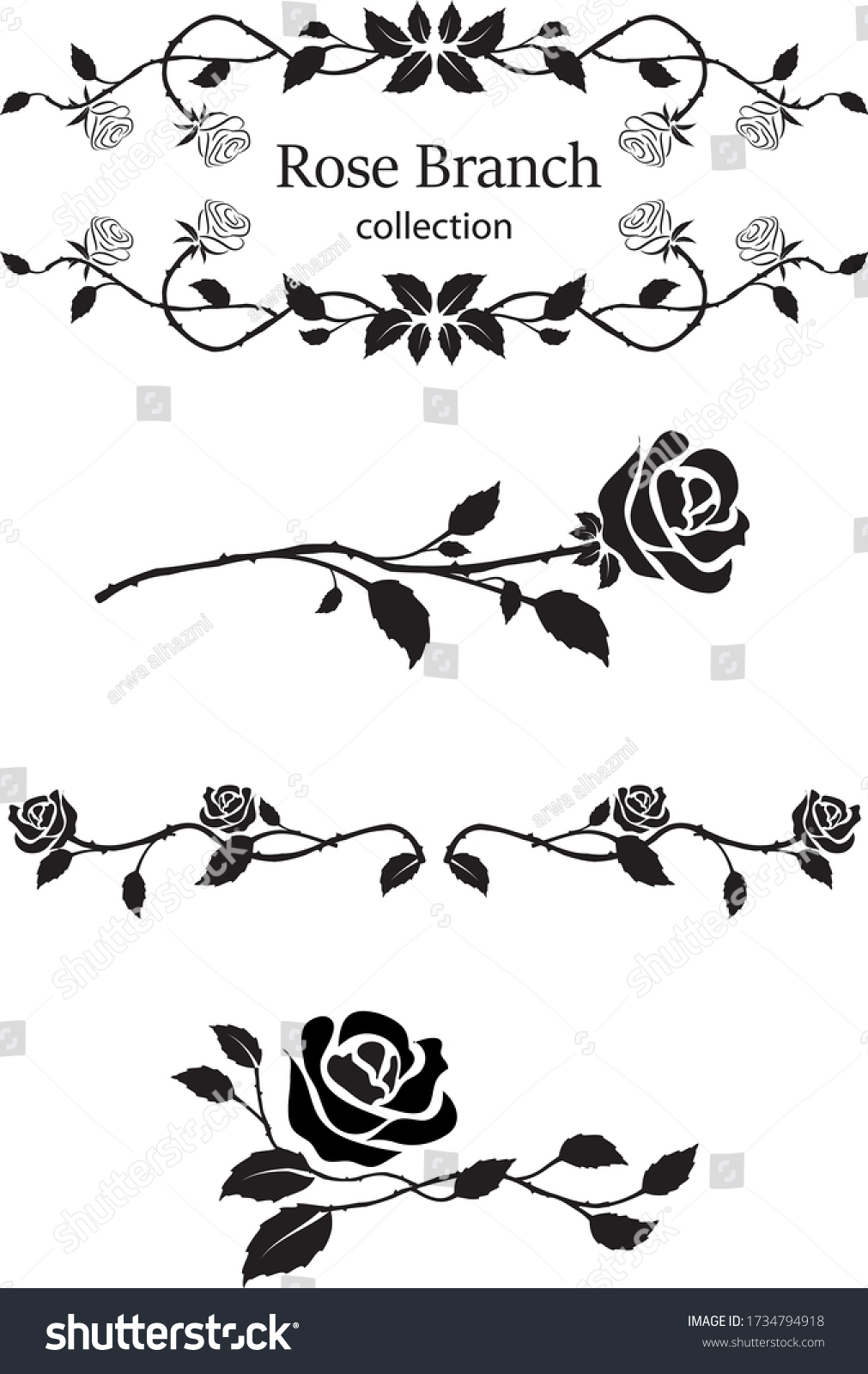 Vector Black Rose Branches Set On Stock Vector (Royalty Free) 1734794918