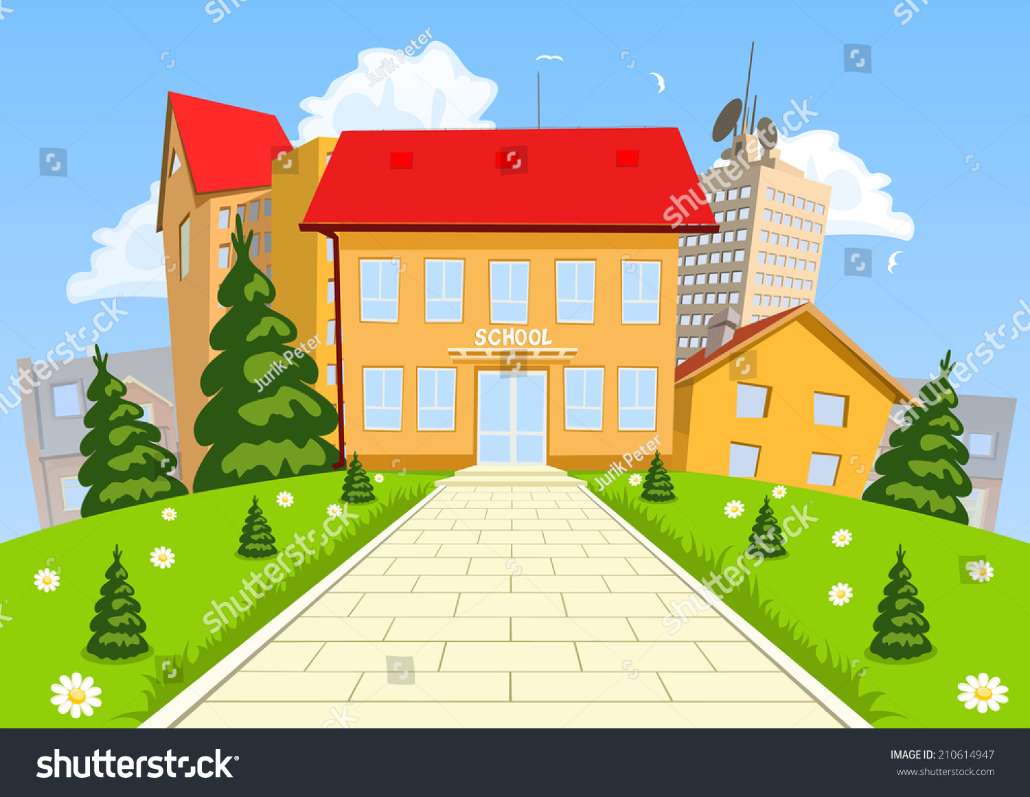 Vector Cartoon Modern School Building: เวกเตอร์สต็อก (ปลอดค่าลิขสิทธิ์ ...