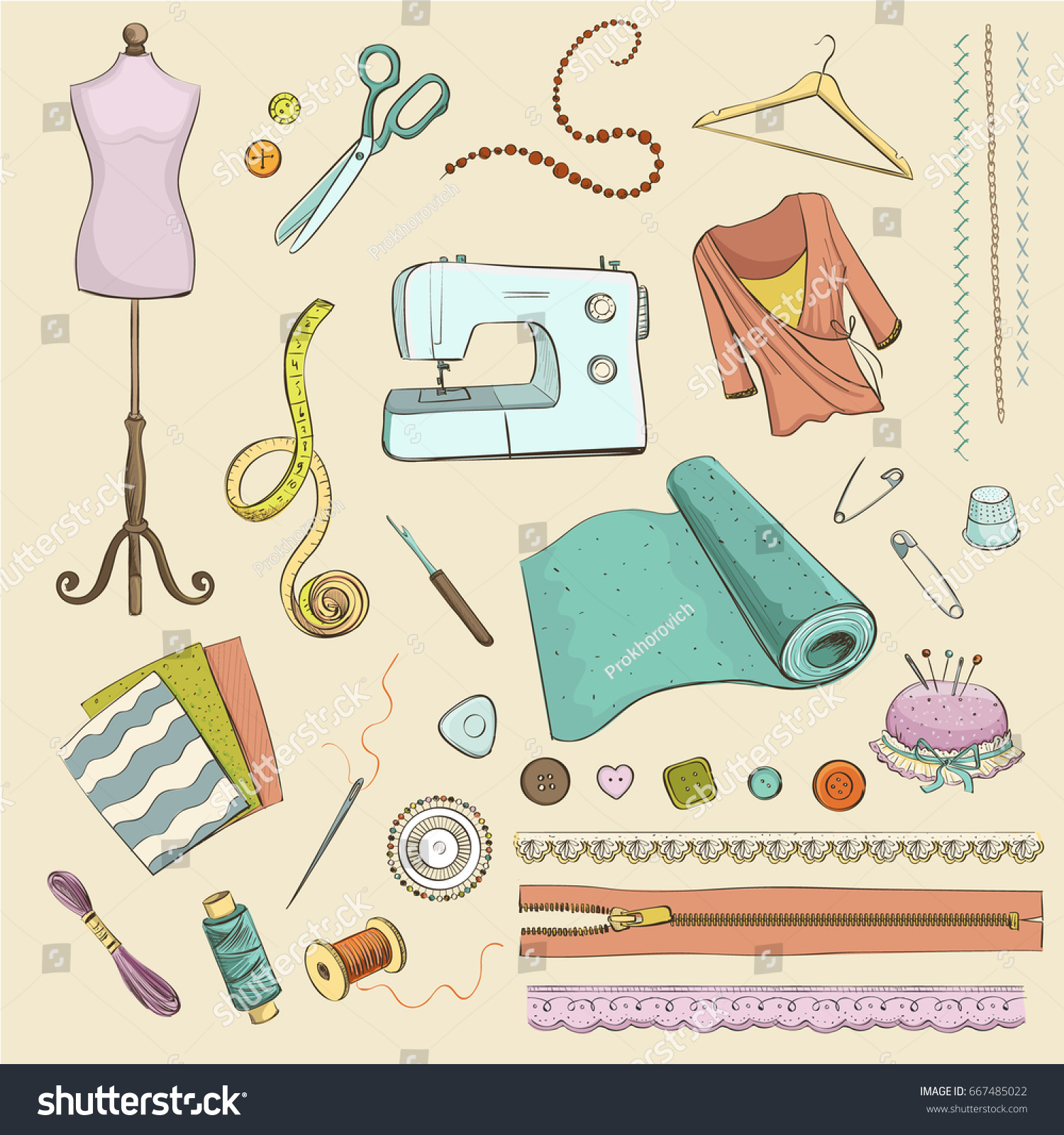 Vector Collection Hand Drawing Sewing Materials Stock Vector (Royalty ...