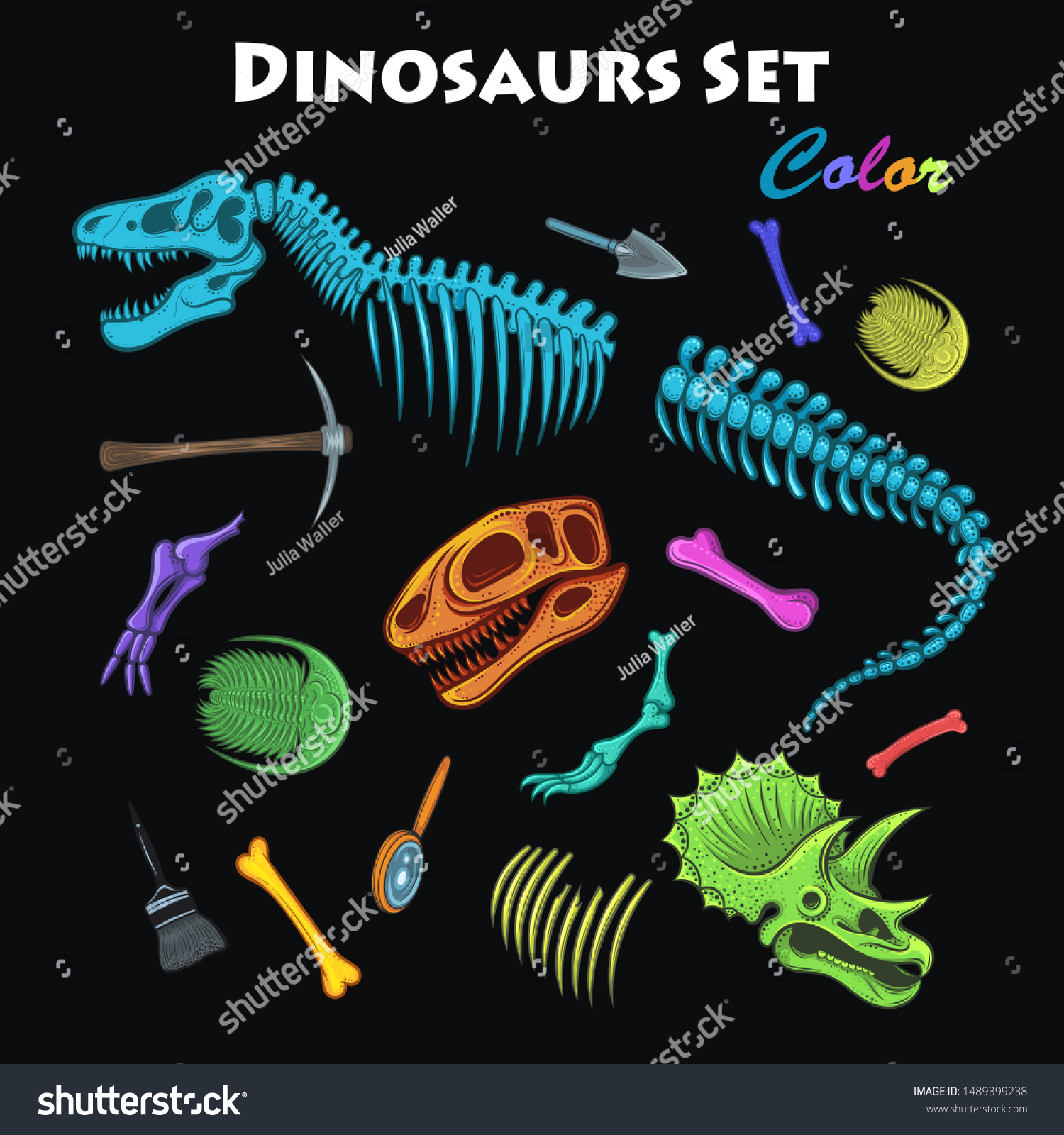 Vector Color Dinosaur Bones Set Stock Vector (Royalty Free) 1489399238 ...