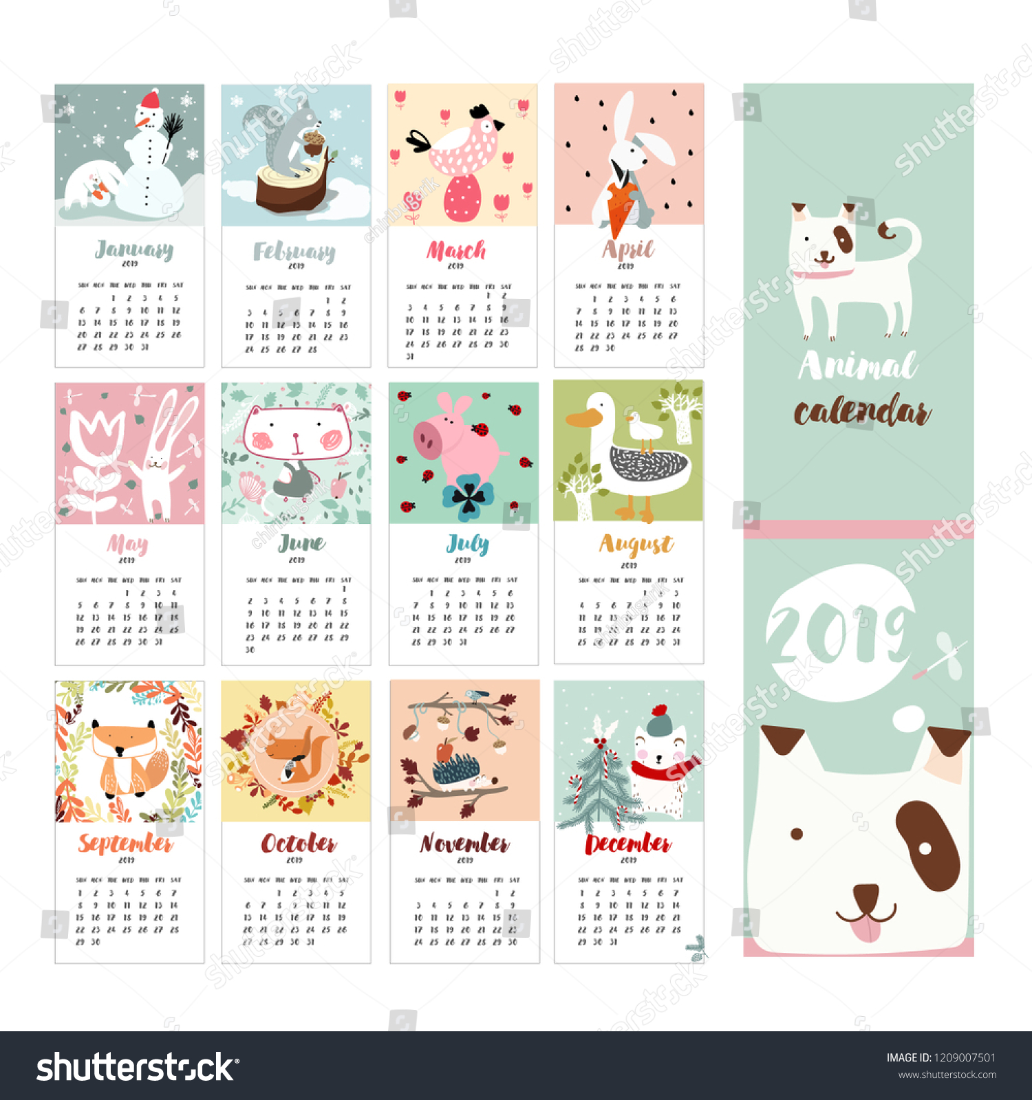 Vector Cute Animals Calendar 2019 12 Stock Vector (Royalty Free ...