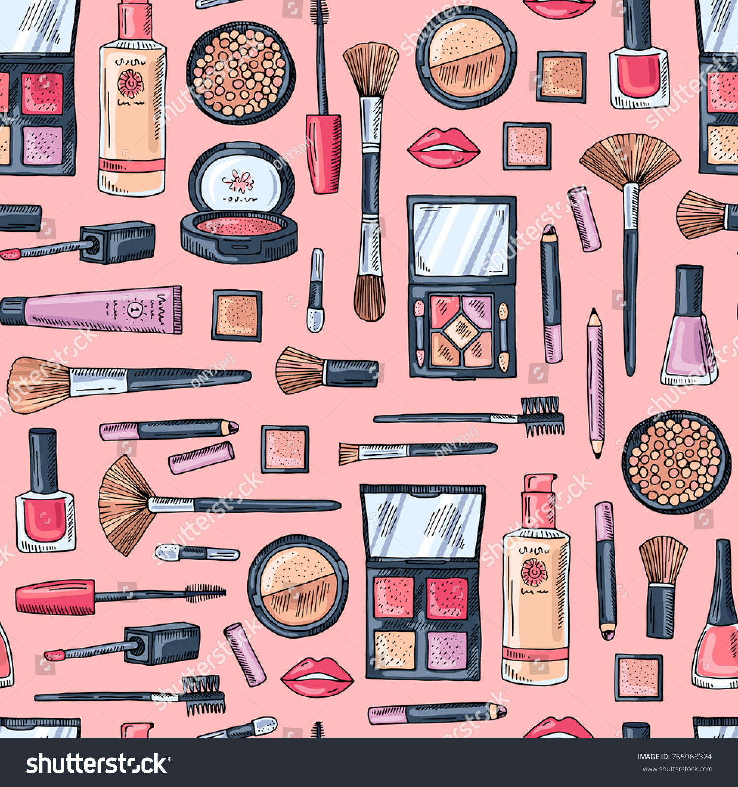 Vector Hand Drawn Makeup Products Pattern 스톡 벡터(사용료 없음) 755968324 ...
