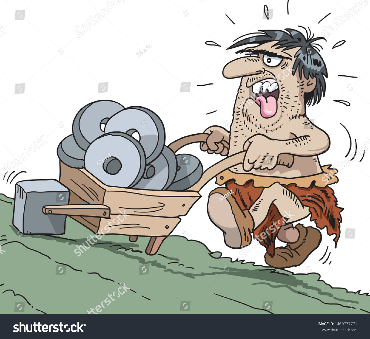 Vector Illustration Caveman Pushing Square Cart Stock Vector (Royalty ...