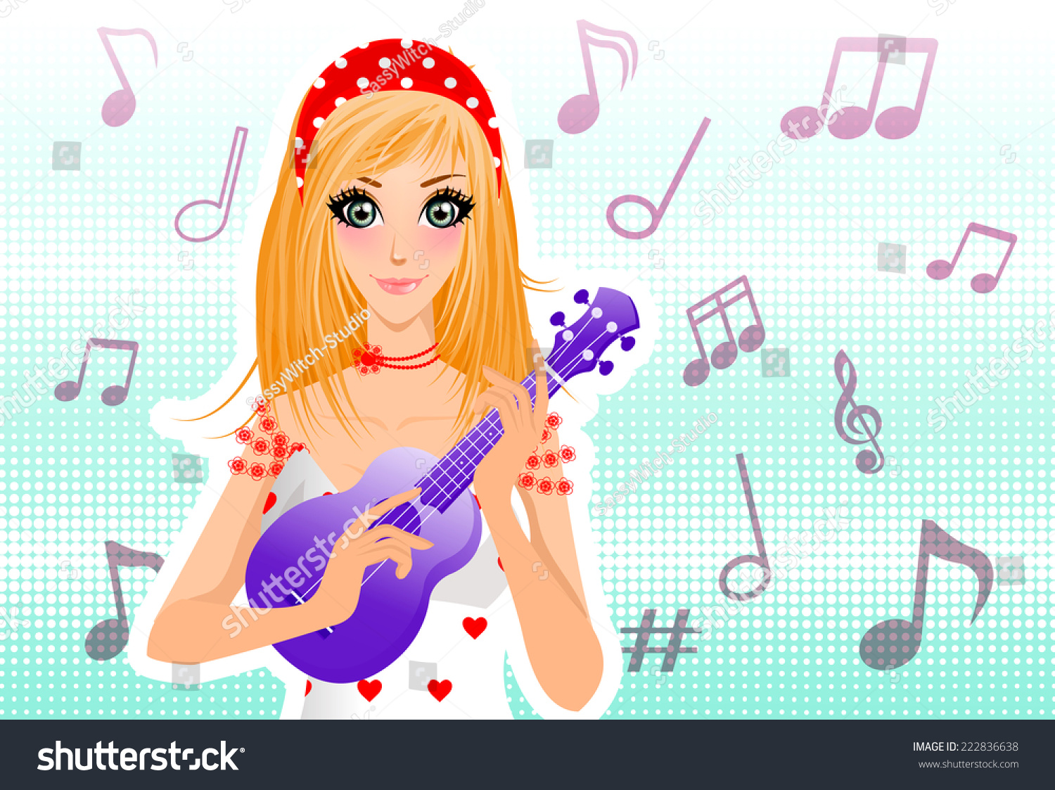 Vector Illustration Of Cartoon Beautiful Girl Playing Ukulele