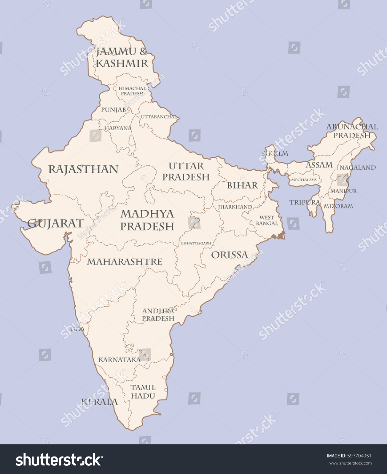 Vector India Contour Map States Stock Vector (Royalty Free) 597704951
