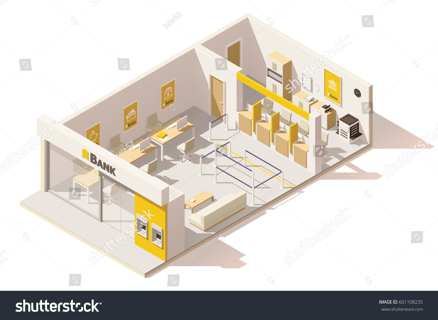 Vector Isometric Low Poly Bank Interior Stock Vector (Royalty Free ...