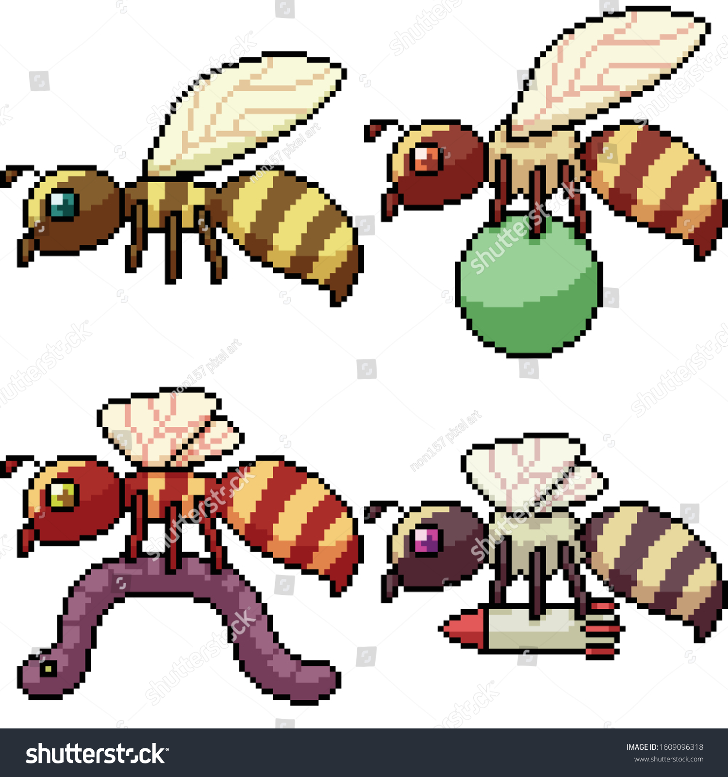 Vector Pixel Art Hornet Isolated Set Stock Vector (Royalty Free) 1609096318