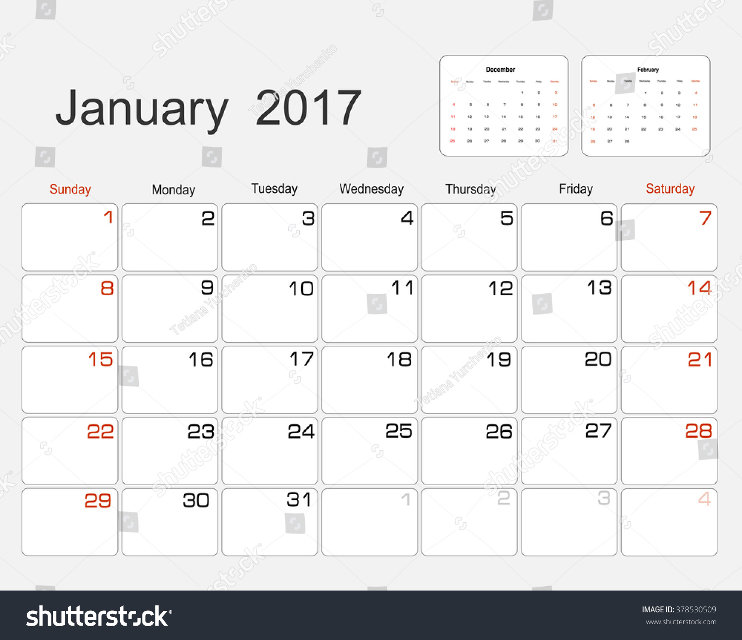 Vector Planning Calendar January 2017 Stock Vector (Royalty Free) 378530509
