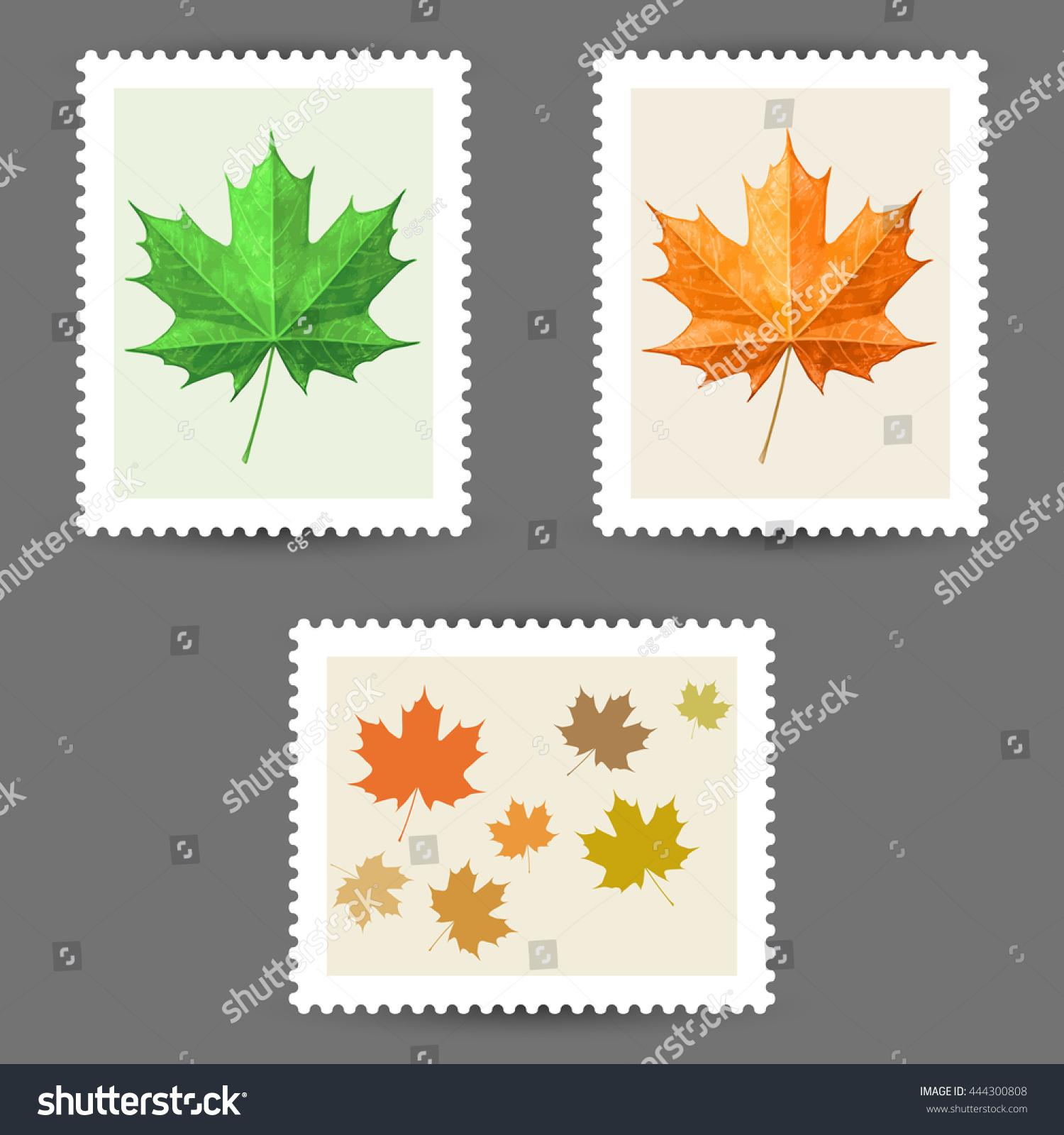 Vector Postage Stamps Maple Leaf Icons Stock Vector (Royalty Free) 444300808