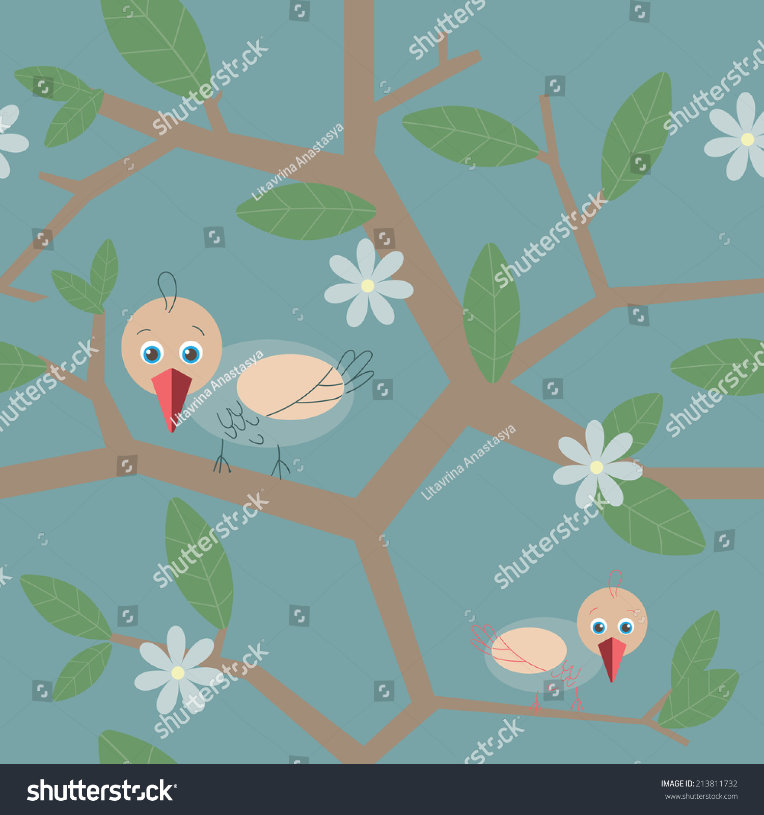 Vector Seamless Background Birds Tree Branches Stock Vector (Royalty ...
