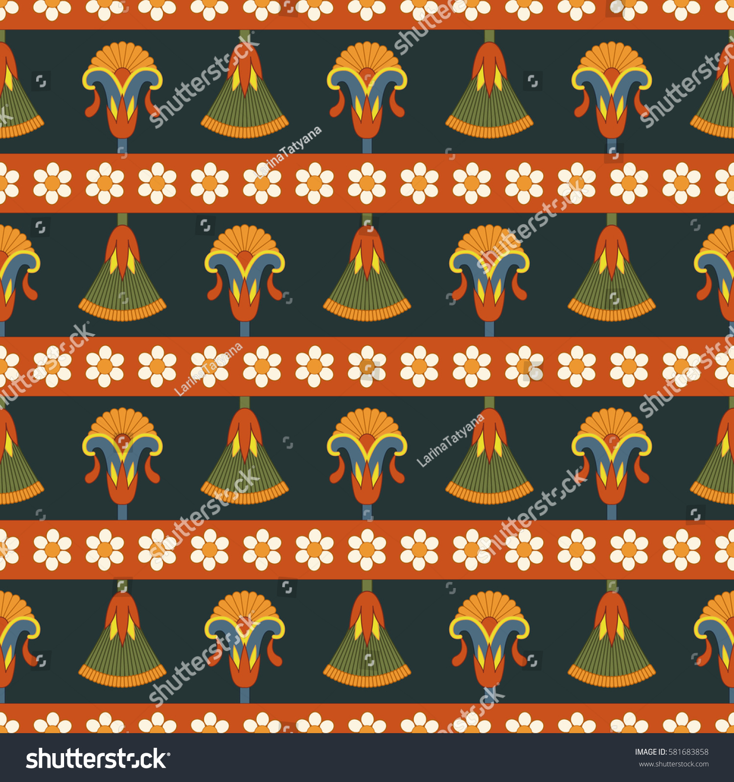 Vector Seamless Egyptian Pattern Flowers Cyperus Stock Vector (Royalty ...