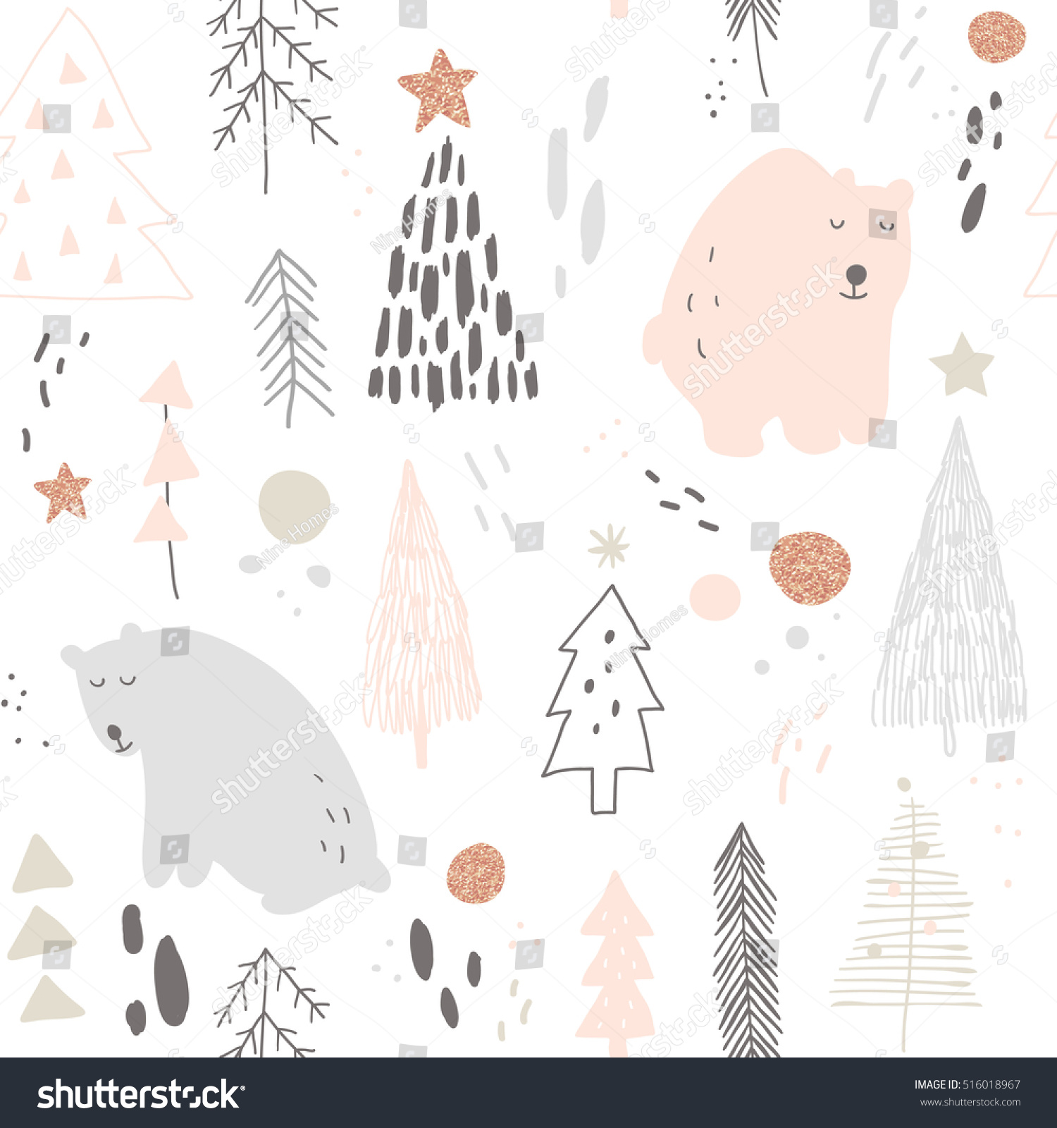 Vector Seamless Pattern Hand Drawn Bears Stock Vector (Royalty Free) 516018967