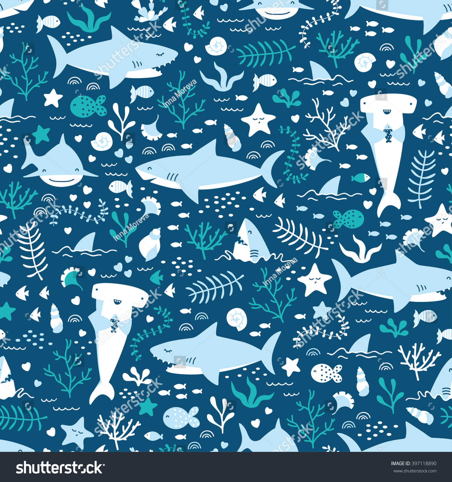 Vector Seamless Underwater Pattern Cute Sharks Stock Vector (Royalty ...