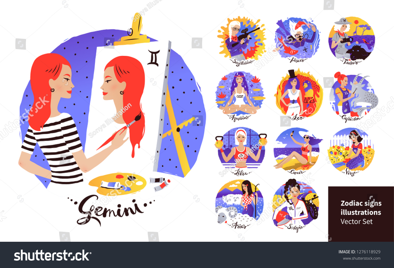 Vector Set Zodiac Signs Illustrations Cute Vector De Stock Libre De