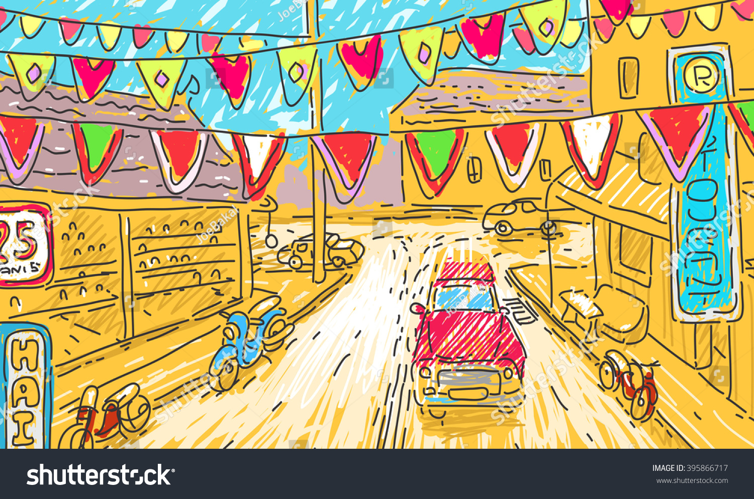 Vector Sketch Street Small Town Stock Vector (Royalty Free) 395866717 ...