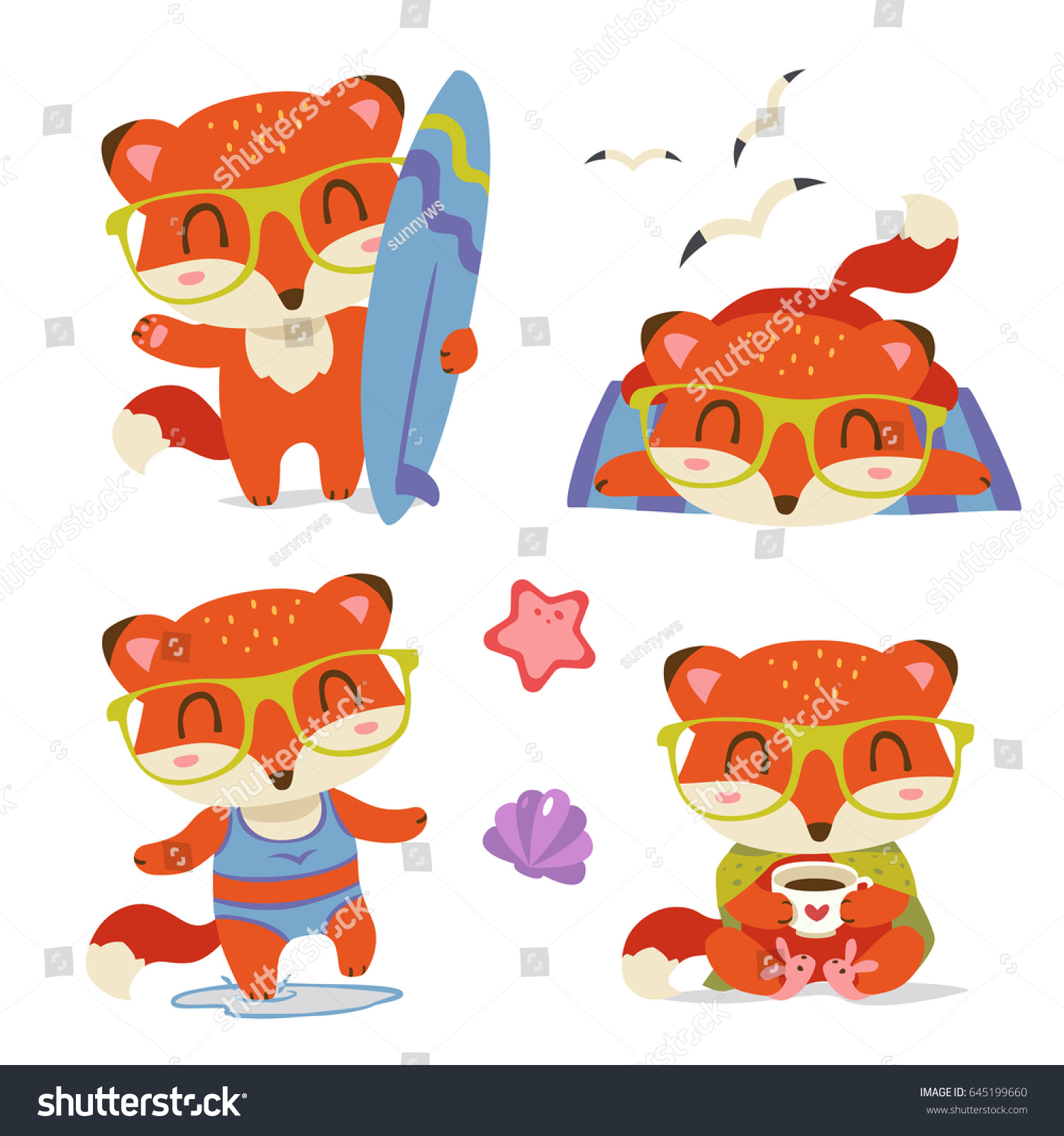 Vector Summer Sea Fox Cartoon Set Stock Vector (Royalty Free) 645199660