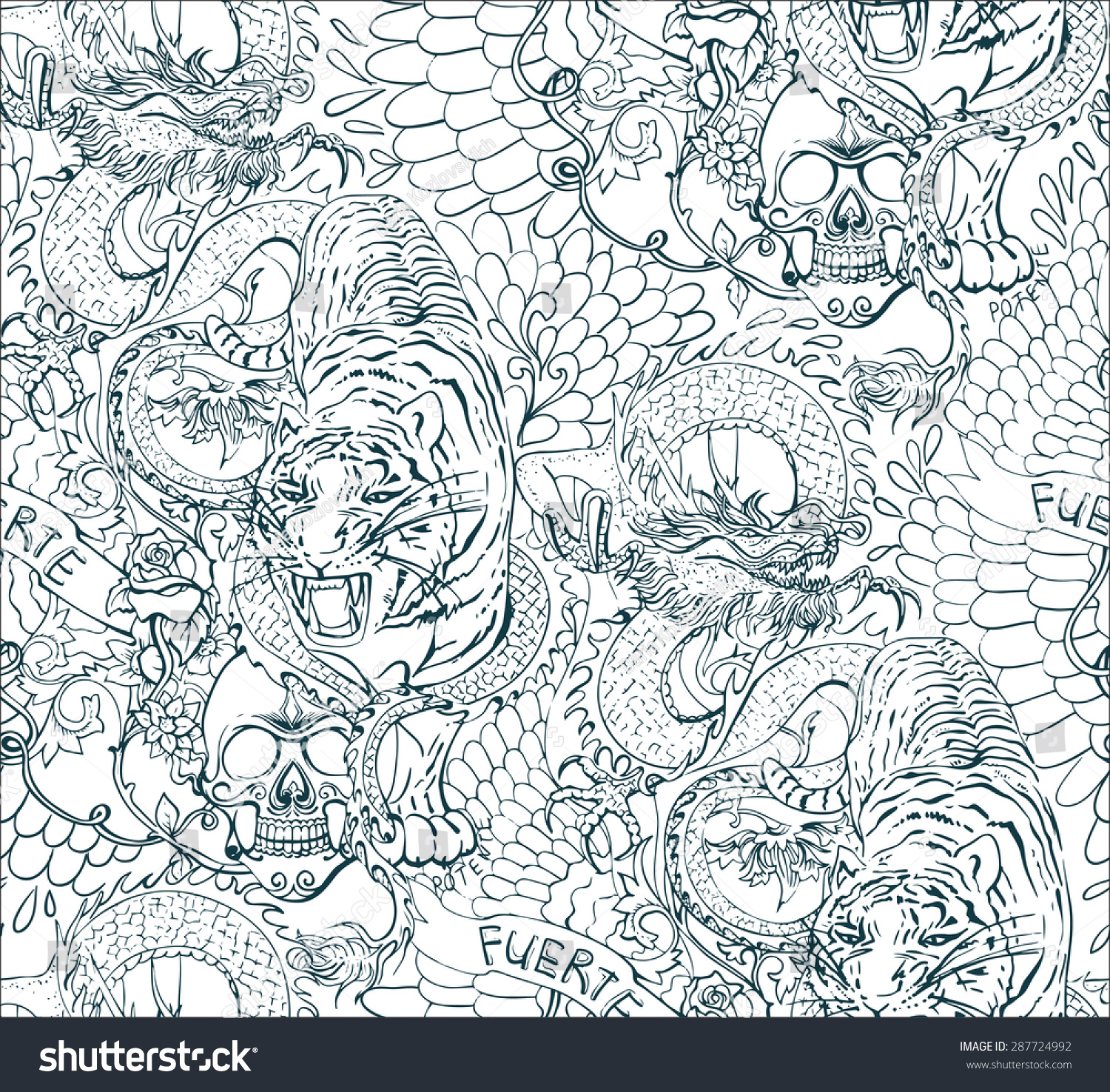 Vector Tattoo Pattern Tiger Dragon Skulls Stock Vector (Royalty Free ...