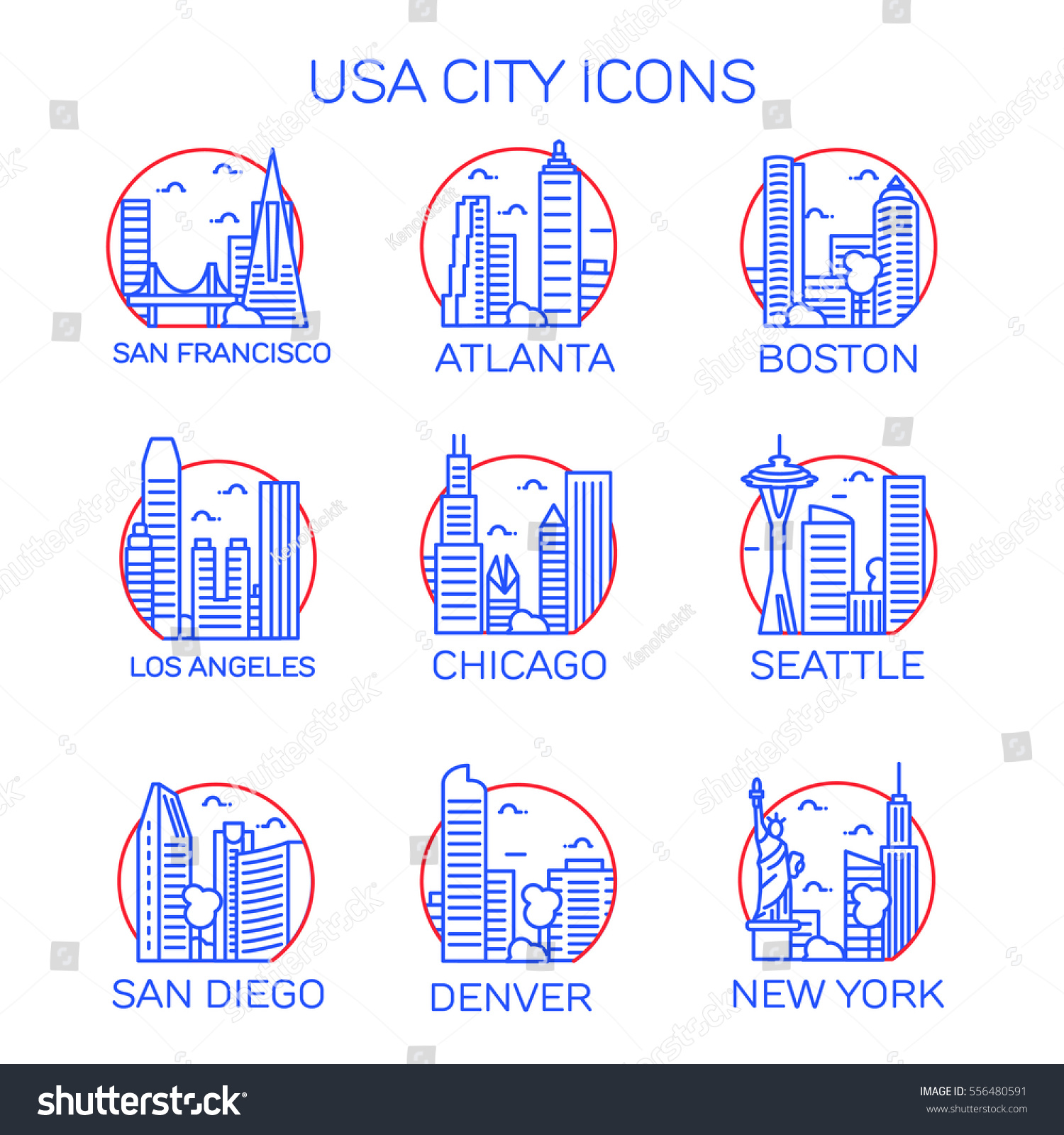 Vector Usa Cities Icon Set Stock Vector 556480591 - Shutterstock