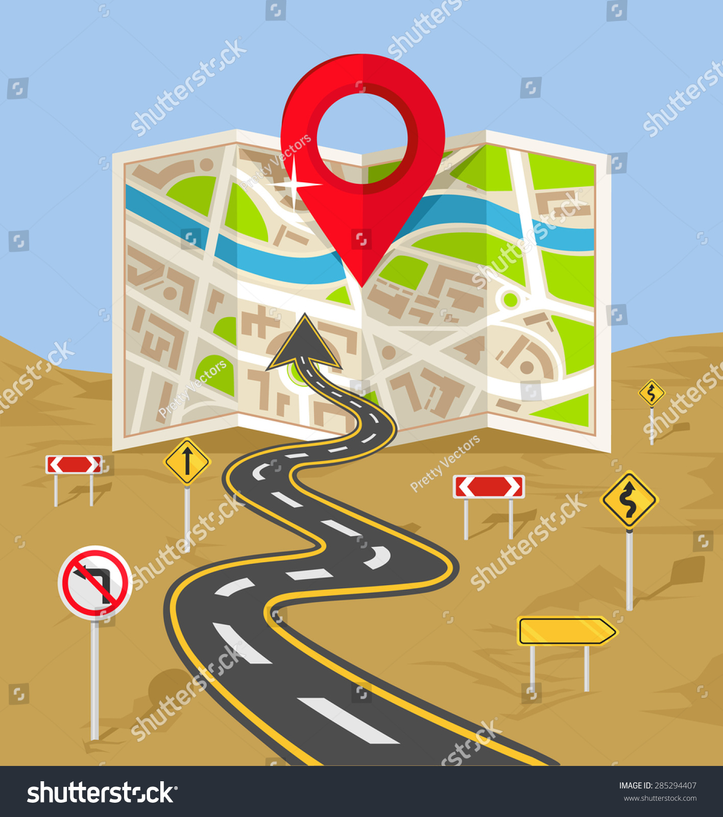 Vector Wavy Road Map Flat Illustration Stock Vector (Royalty Free ...