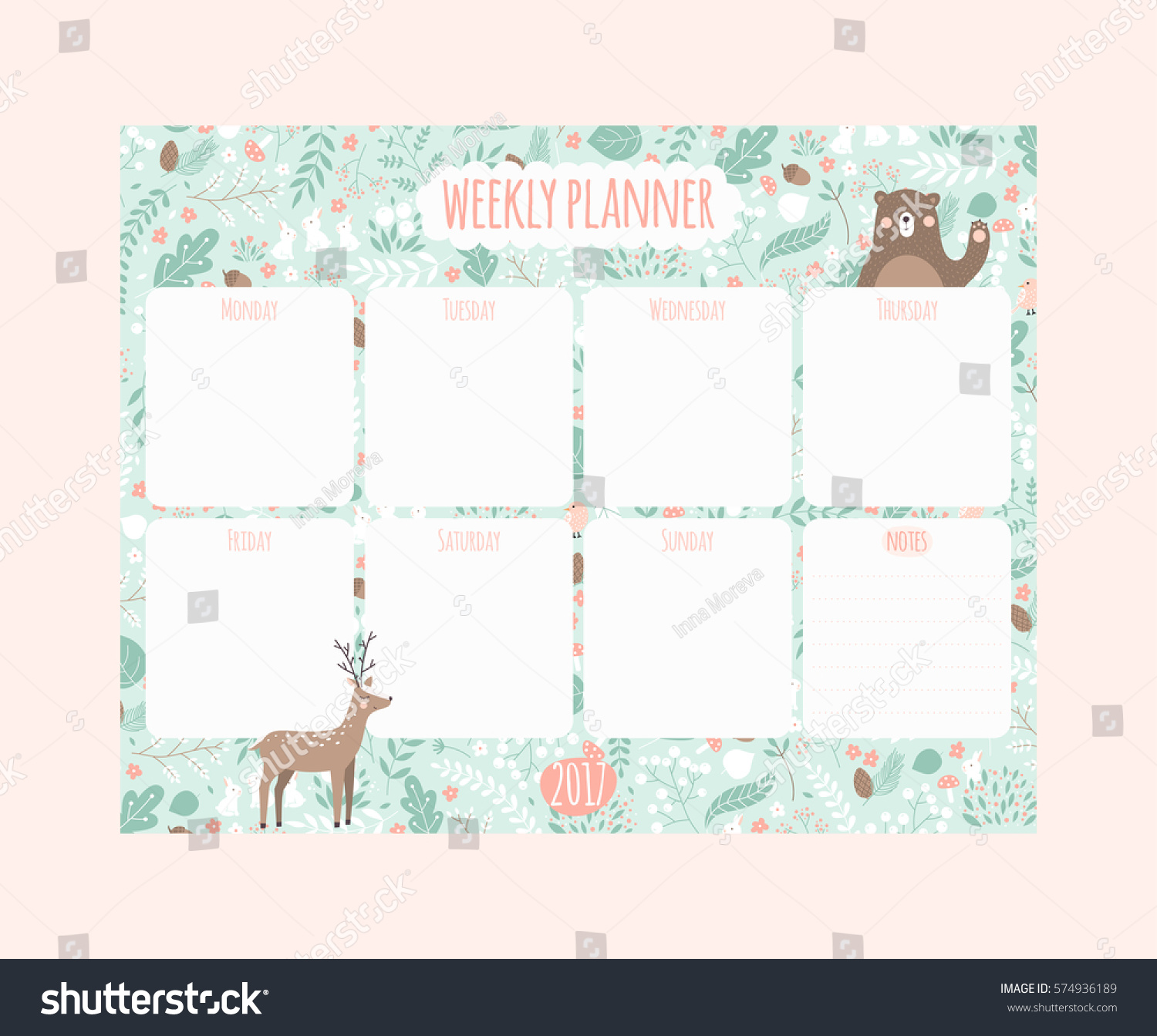 Vector Weekly Planner Cute Animals 스톡 벡터(로열티 프리) 574936189
