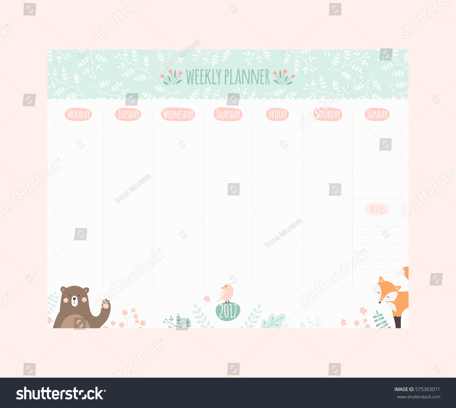 Vector Weekly Planner Cute Animals Stock Vector (Royalty Free) 575303071