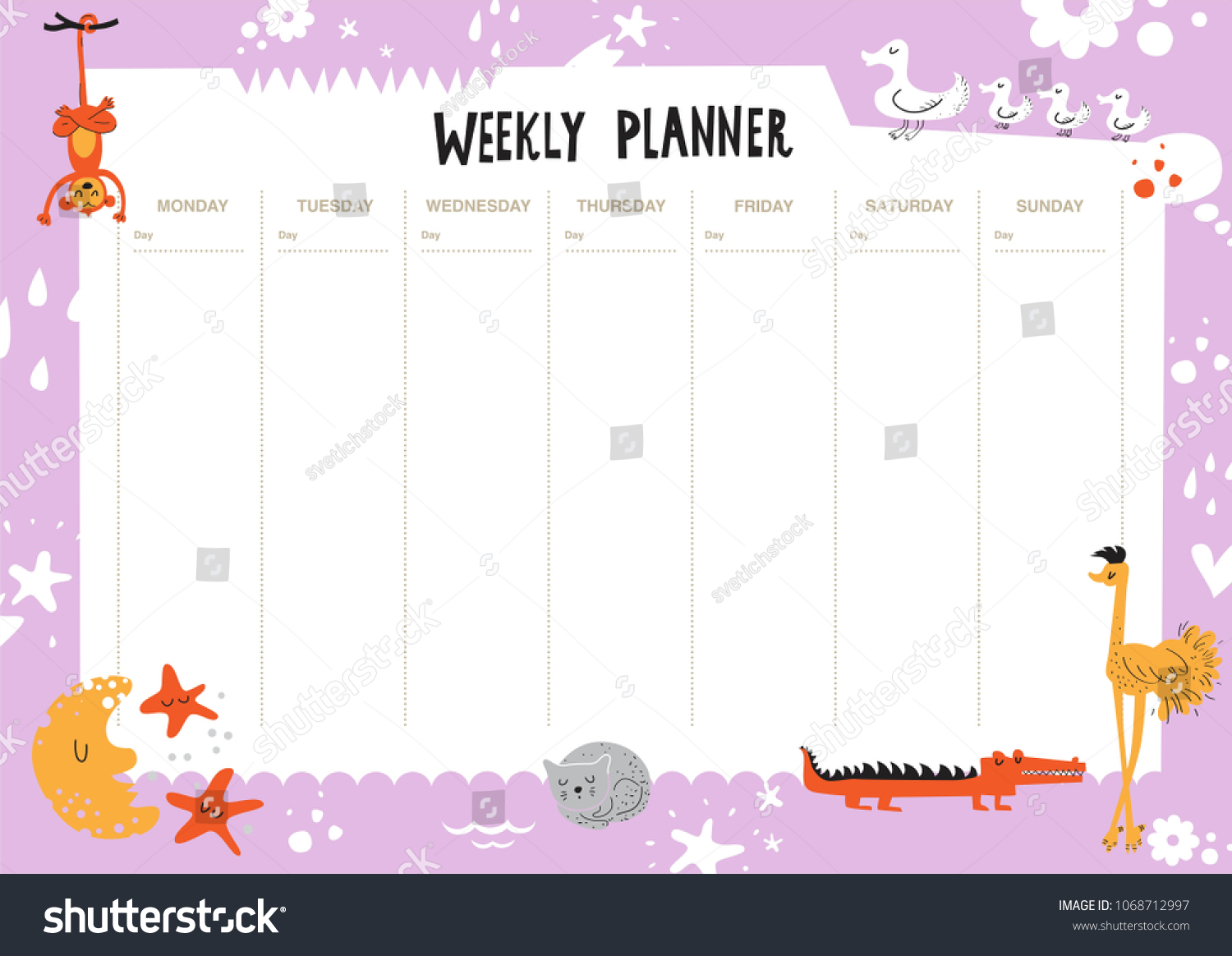 Vector Weekly Planner Cute Animals Elements Stock Vector (Royalty Free ...