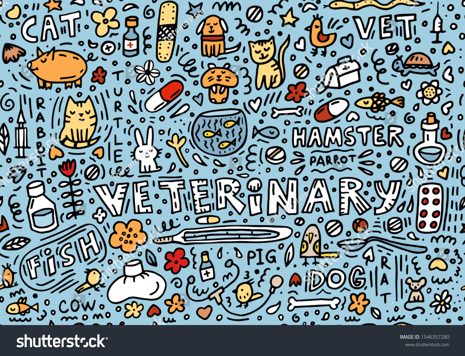 Veterinary Color Doodle Seamless Pattern: vector de stock (libre de ...