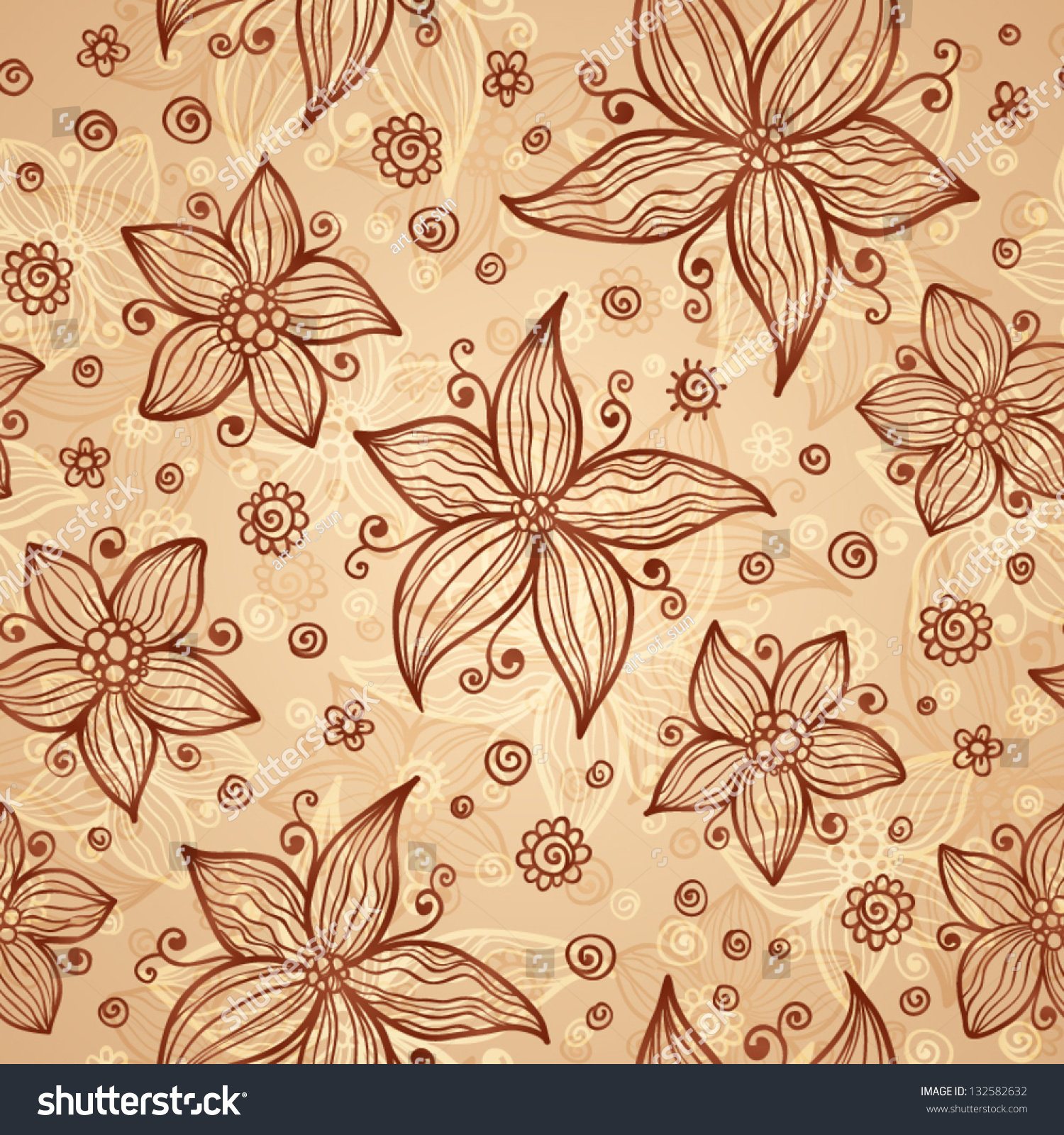 Vintage Beige Doodle Flowers Vector Seamless Stock Vector (Royalty Free ...