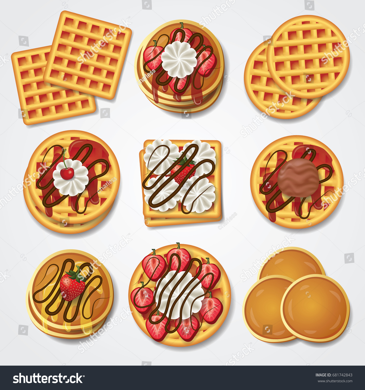 Waffle Pancake Top View Set Vector Stock Vector (Royalty Free) 681742843