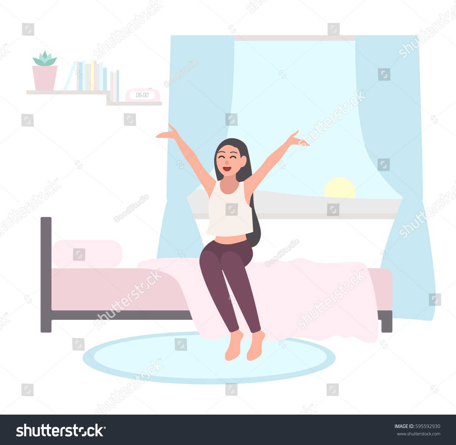 Wake Early Concept Happy Girl Get Stock Vector Royalty Free 595592930