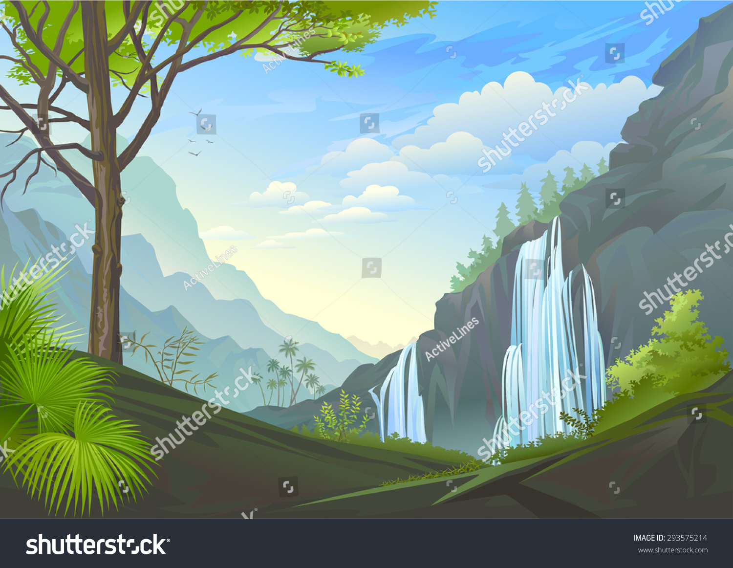 Waterfall Mountain Range Stock Vector (Royalty Free) 293575214 ...