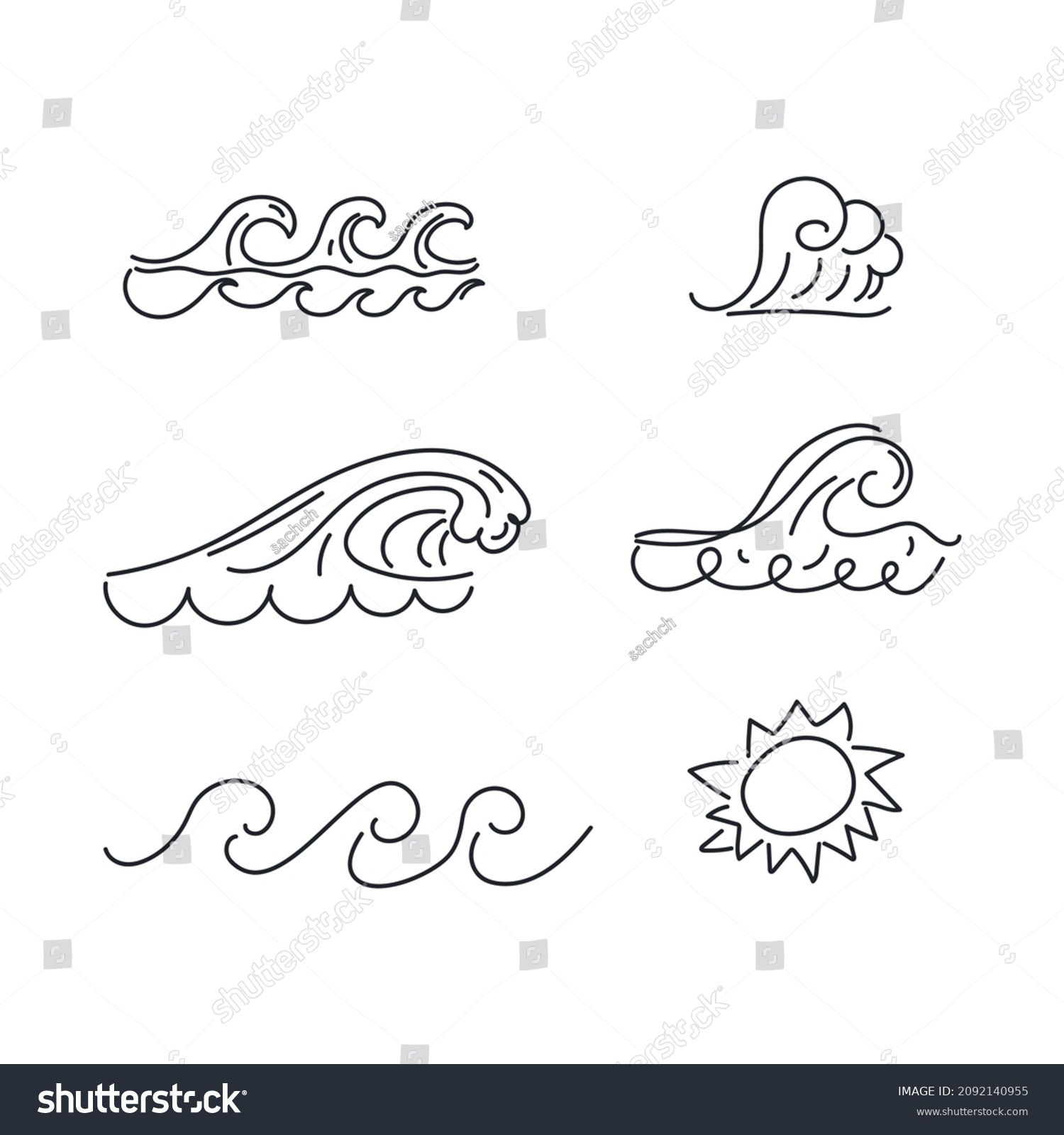 Waves Drawing Outline Vector Illustration Set Stock Vector (Royalty ...