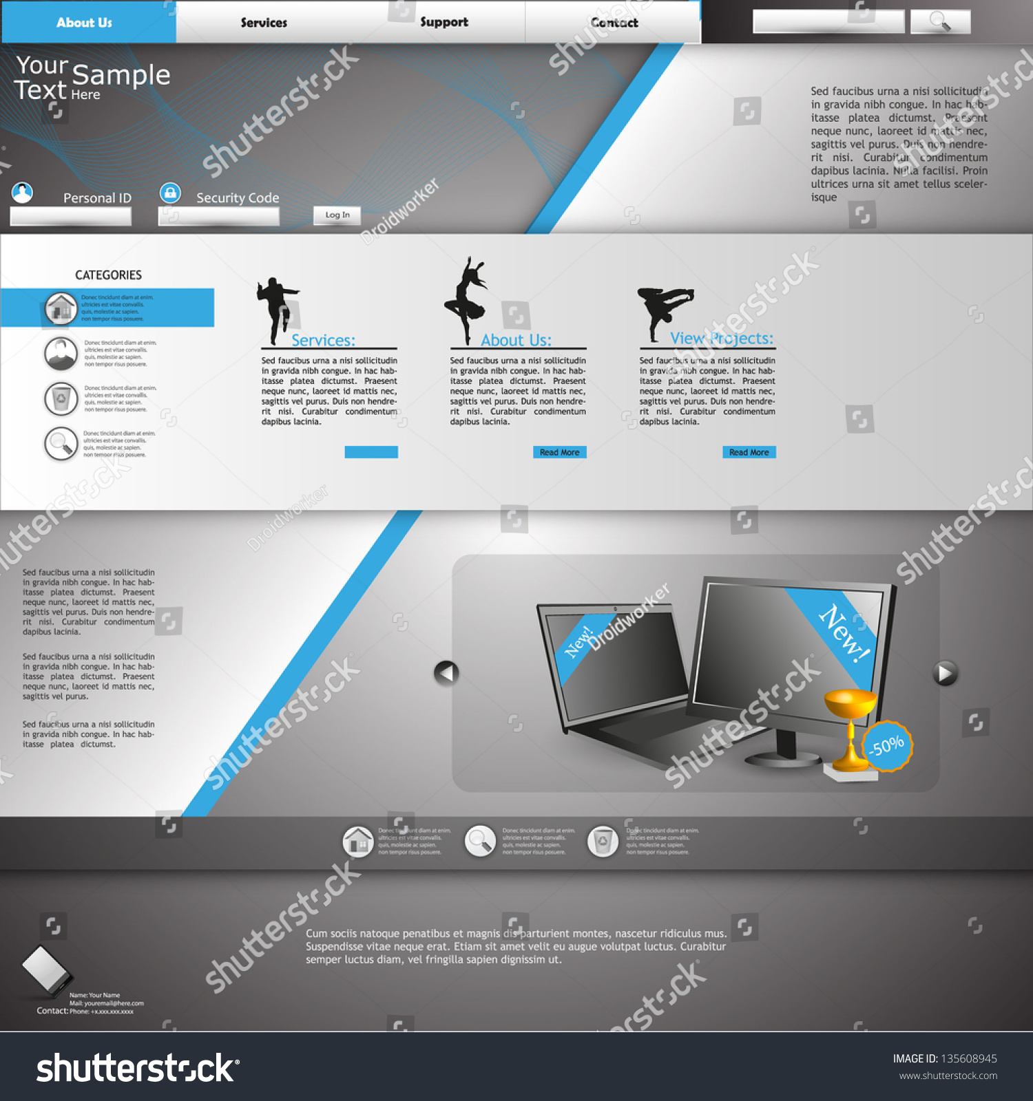 Website Template Blue Grey Theme Stock Vector (Royalty Free) 135608945