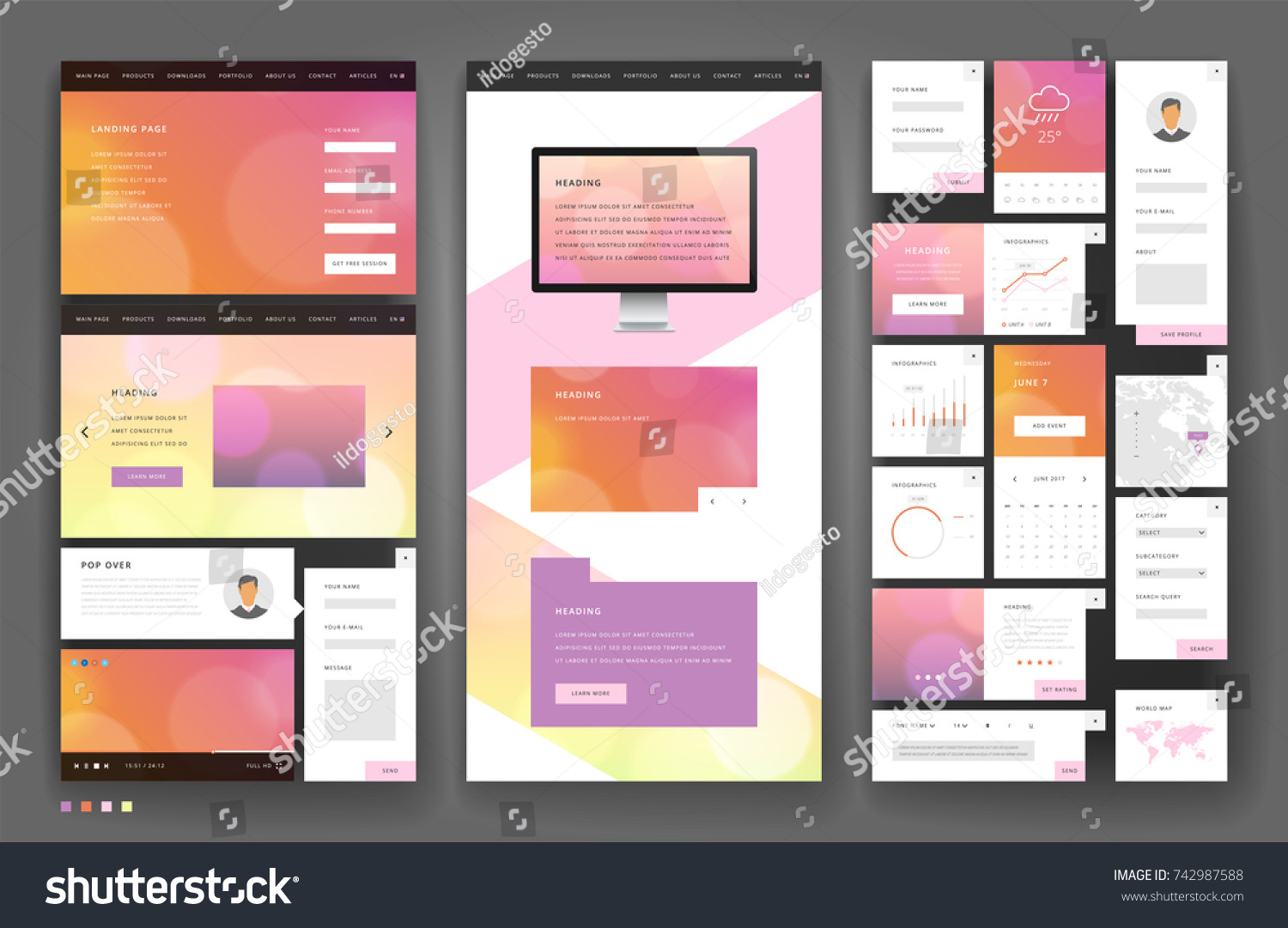 Vektor Stok Website Template Design Interface Elements Bokeh (Tanpa Royalti) 742987588 ...