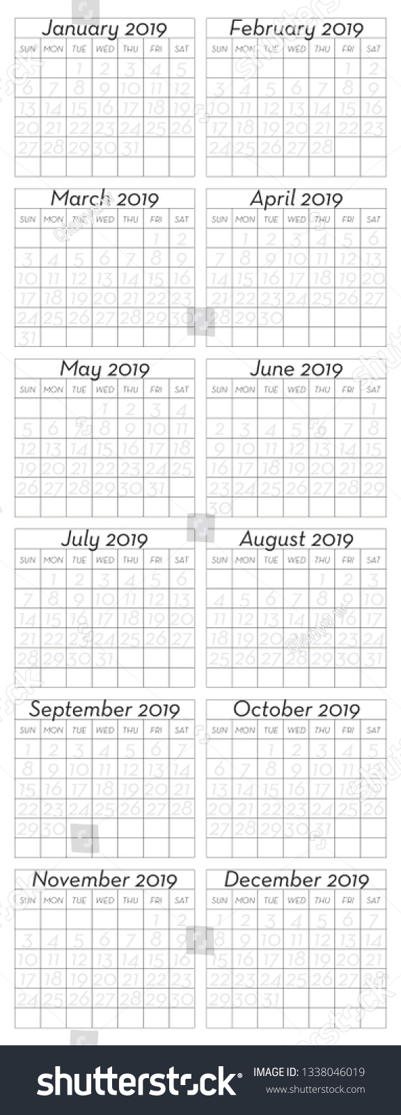 Whole Year Table Calendar Design 2019 Stock Vector (Royalty Free ...
