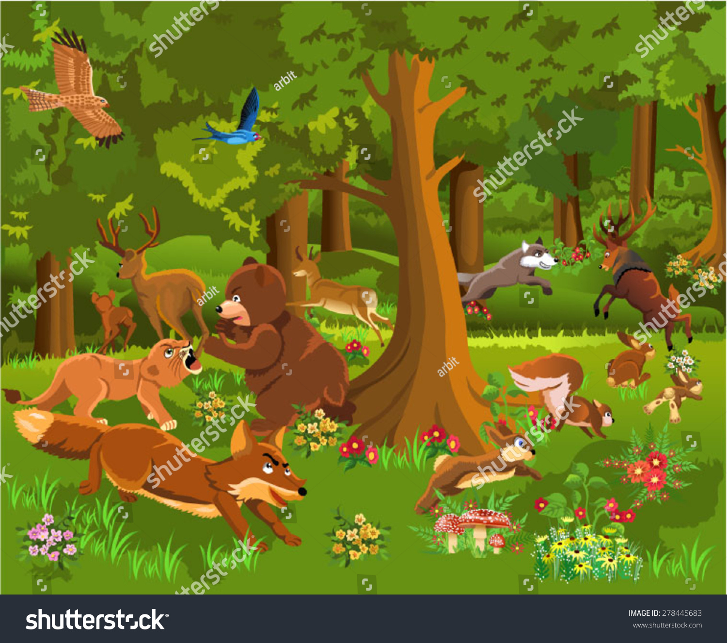 Wild Animals Fighting Forest Stock Vector (Royalty Free) 278445683 ...