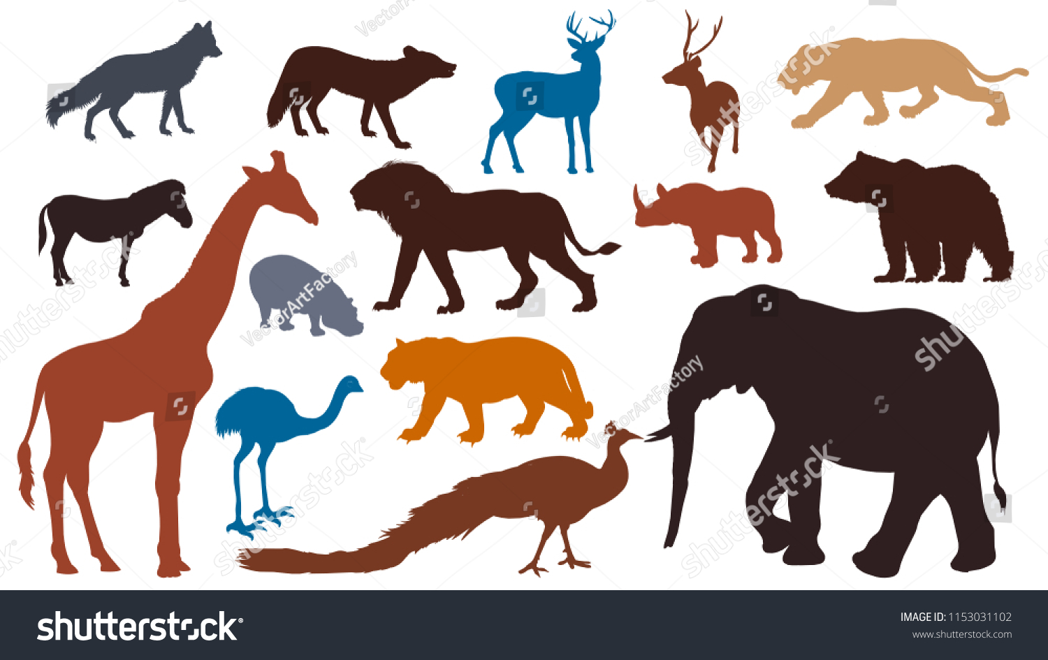 Wild Animals Set Silhouette: เวกเตอร์สต็อก (ปลอดค่าลิขสิทธิ์ ...