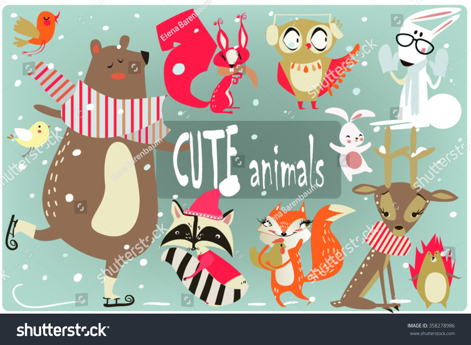 Winter Cartoon Animals Stock Vector (Royalty Free) 358278986
